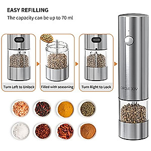 CIRCLE JOY Electric Salt and Pepper Grinder Set Stainless Steel Spice Grinder Automatic Pepper Mills with Easy-to-Carry Dual Charging Station, Brush, White Led Light, and Adjustable Coarseness