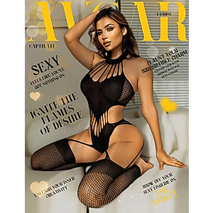 AVGAR Womens Fishnet Bodystocking Sexy Exotic Lingerie One Piece Lace Bodysuit Footless Stocking One Size, Black