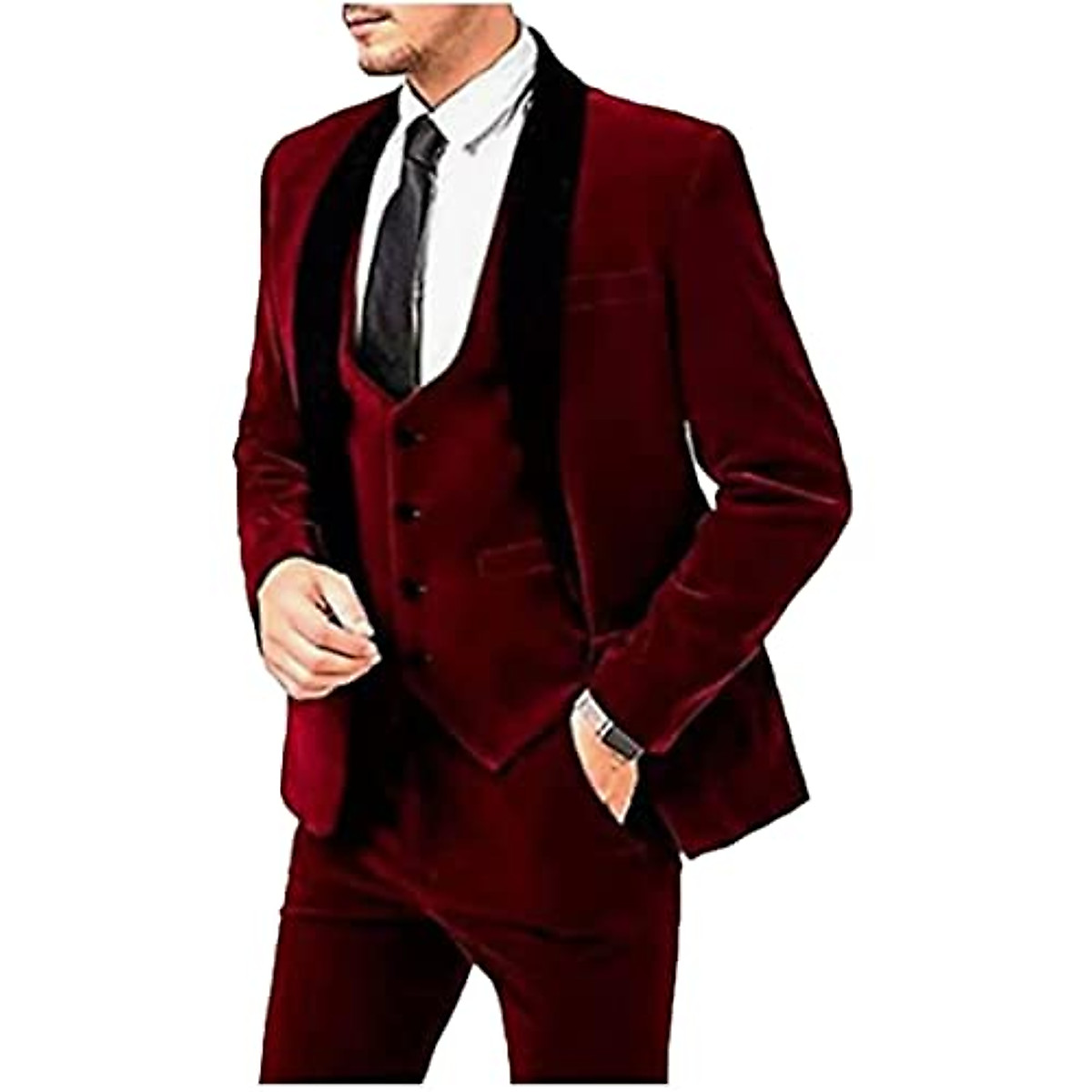 Men's Slim Fit 3 Pieces Burgundy Velvet Suits Shawl Lapel Wedding Suits Groom Tuxedos Winter Suits Burgundy 40 Chest / 34 Waist