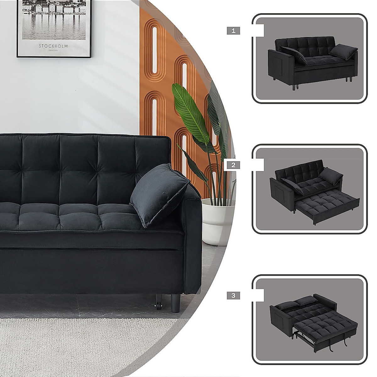 CAPCAEK Modern Velvet Loveseat Pull-out Sofa Couch w/Pullout Bed, 3 in 1 Convertible Sleeper Sofa Bed, Small Love Seat Lounge Sofa w/Reclining Backrest,Toss Pillows, Pockets,Furniture for Living Room…