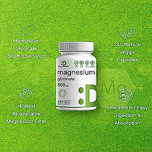 Magnesium Glycinate 500mg, 240 Veggie Capsules | Chelated for Easy Absorption | Highly Purified Essential Trace Mineral for Muscle, Joint, Heart, & Digestive Health