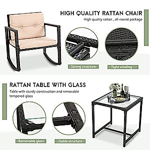FDW Wicker Patio Furniture Sets Outdoor Bistro Set Rocking Chair 3 Piece Patio Set Rattan Chair Conversation Set for Backyard Porch Poolside Lawn with Coffee Table,Black