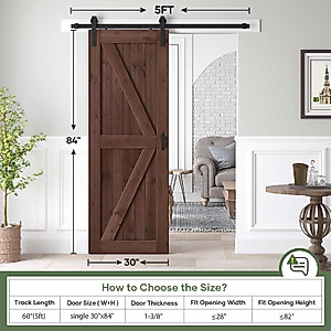 ROYMELO 30x84 inch Sliding Barn Wood Door Slab with 5ft Hardware Kit and Handle, Coffee, K Shape, Simple DIY Assembly