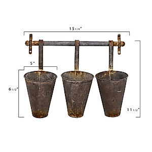 Creative Co-Op Antiqued Metal Wall Rack with 3 Hanging Tin Pots