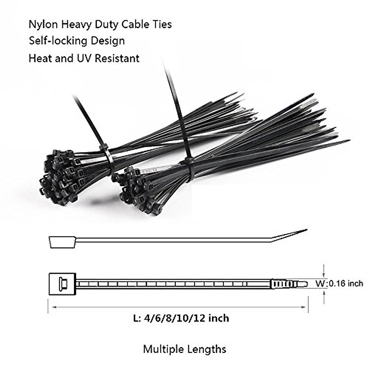 NewMainOne Cable Zip Ties,500 Packs Self-Locking 4+6+8+10+12-Inch Width 0.16inch Nylon Cable Ties,Perfect for Home,Office,Garage and Workshop (Black)