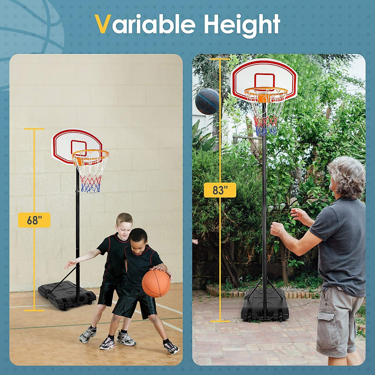Portable Basketball Hoop, Adjustable Height, 28 inches Backboard Free Standing System w/Wheels Outdoor Indoor Basketball Training for Teenager, Black