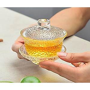 YBK Tech Crystal Gaiwan, Glass Kung Fu Tea Cup with Saucer and Lid, Chinese Traditional, Sancai Tea Bowl (Clear cup)