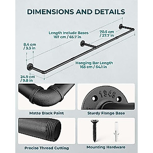 OROPY Clothes Rack, 65.7" Industrial Pipe Clothing Rack 2 Pack for Clothes, Wall Mounted Heavy Duty Space Saving Garment Rack for Closet Storage, Black, 3 Base