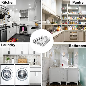 Sikarou Pull Out Cabinet Organizer 11" W x 16.5" D, Heavy Duty Kitchen Cabinet Pull Out Shelves, Slide Out Wire Basket for Kitchen Cabinets, Bathroom, Pantry, Chrome Finish…