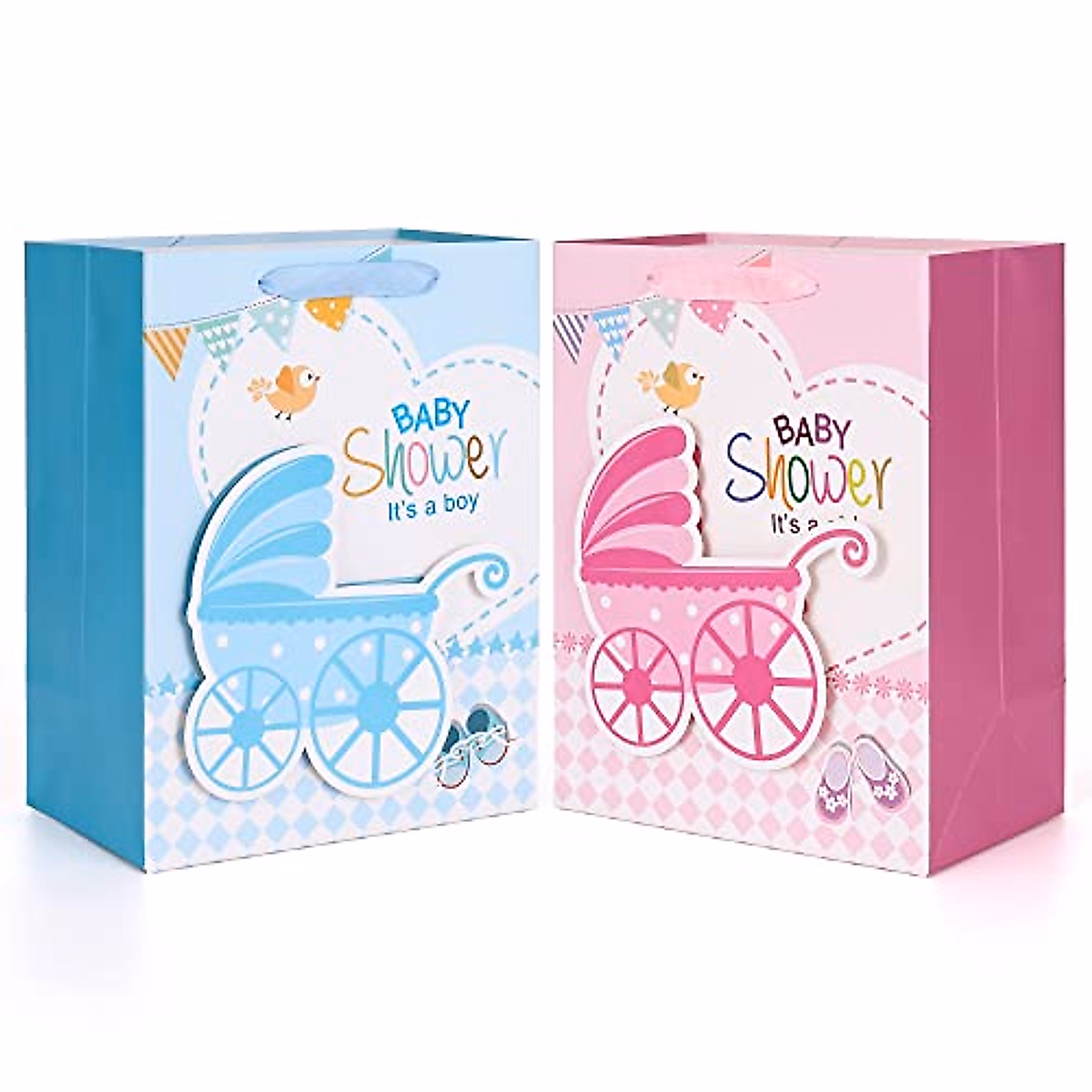 Gift Bags for Baby Shower - 2 Pack Glittery Baby Bags for Girls and Boys with Satin Ribbon Handles, Middle Size Baby Gift Bags with Lovely Pattern for Baby Shower, Guests, Favor Gifts and More (8.7’’x10.2’’x4.7’’, 1 Pack for Boy and 1 Pack for Girl)