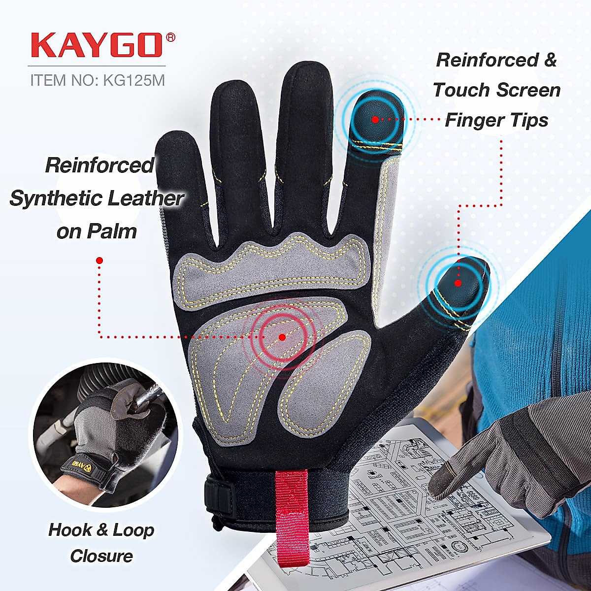 KAYGO Work Gloves For Men, KG125M Mechanic Utility Work Gloves for All Purpose, Excellent Grip, Heavy Duty, Improved Dexterity, Touch Screen, Large