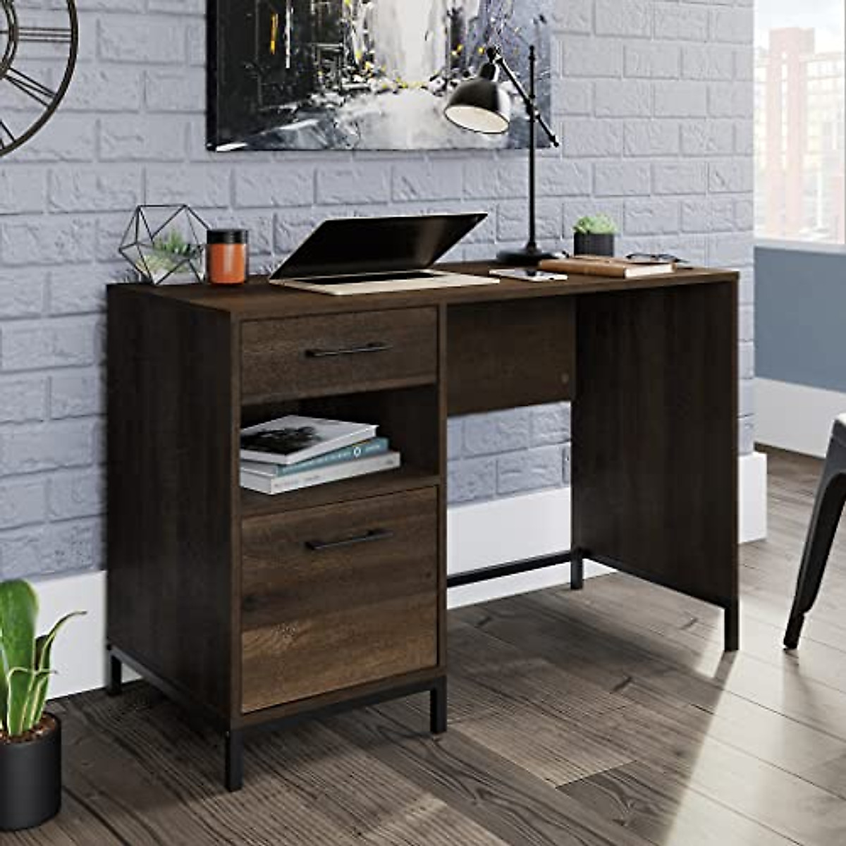 Sauder North Avenue Pedestal Home Office Desk, L: 41.97" x W: 18.50" x H: 28.15", Smoked Oak Finish