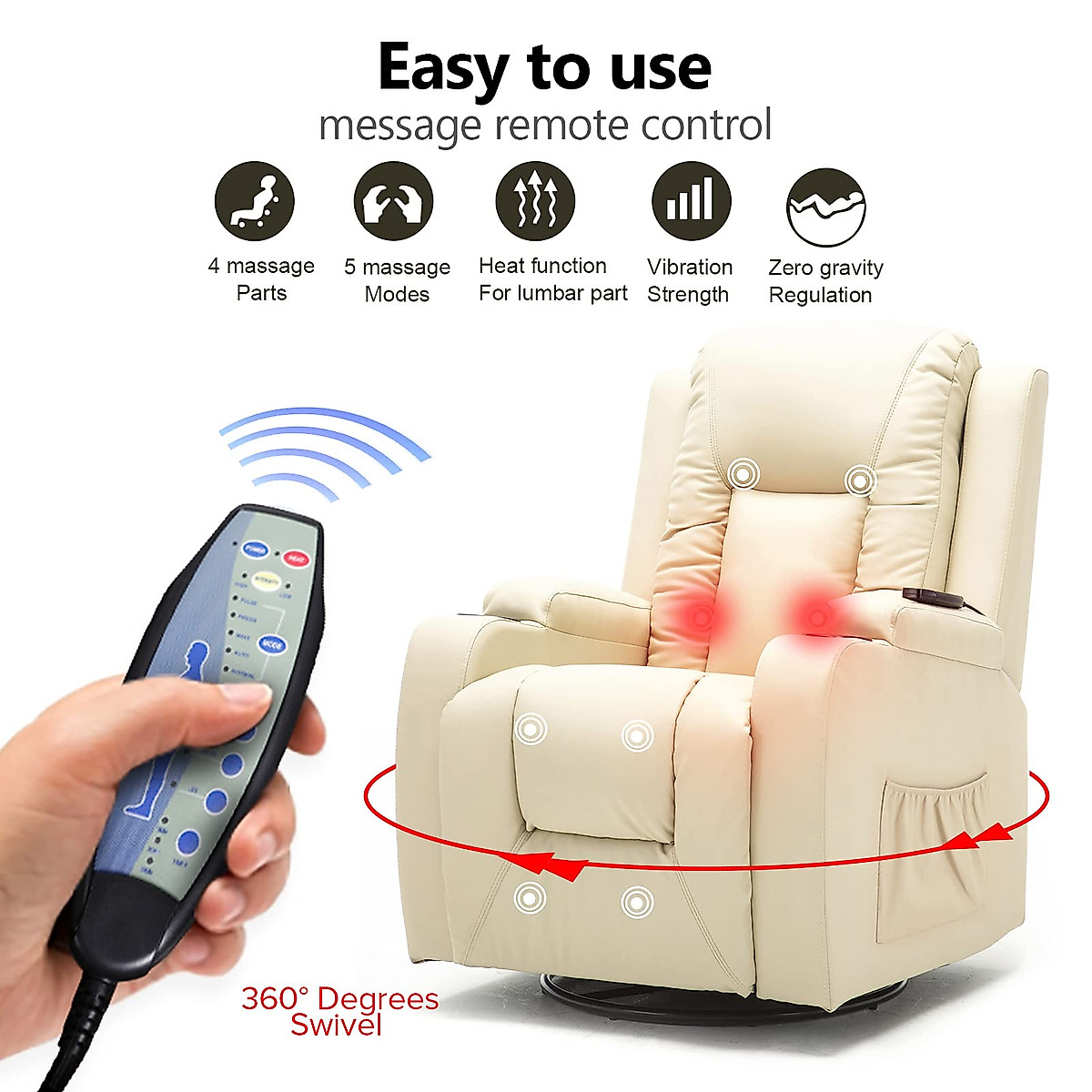 COMHOMA Recliner Chair, PU Rocking Chair for Adults, Swivel Recliner with Cup Holders, Heat and Massage, Single Sofa Seat with Side Pockets for Living Room, Bedroom (White)