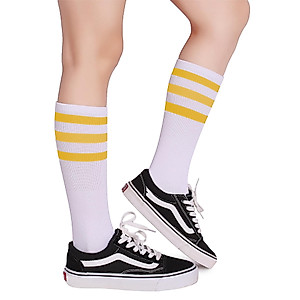 Pareberry Classic Triple Stripes Soft Cotton On the Calf Retro White Tube Socks (A-pair(Yellow/White))