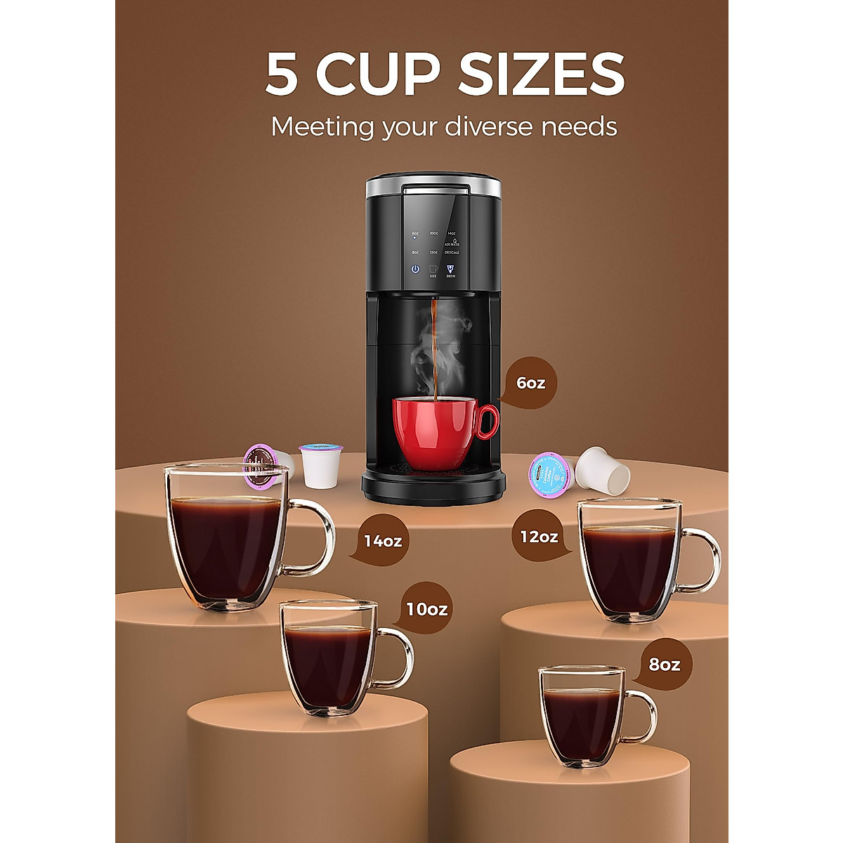 COWSAR Single Serve Coffee Maker, Coffee Brewer for K-Cups Pods and Ground Coffee, Capsule Coffee Machine with 40 Oz Water Tank, 5 Brew Sizes Up To 14 Oz, Black