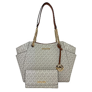 Michael Kors Jet Set Travel Large Chain Shoulder Tote bundled with Trifold Wallet (Vanilla)