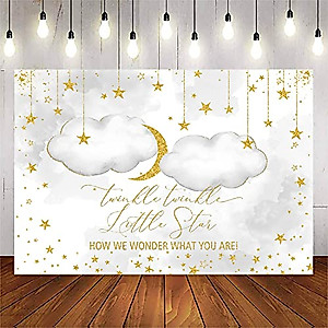 Avezano Twinkle Twinkle Little Star Backdrops Gray White Clouds Gender Neutral Baby Shower Party Background Gold Glitter Stars Newborn Baby Boy or Girl Gender Reveal Decoration Supplies 7x5ft