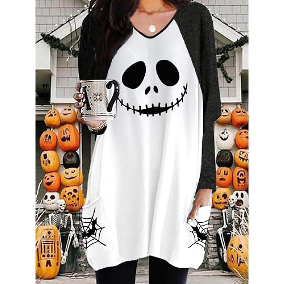 tiqwova Womens Plus Size Halloween Nightmare Before Christmas Sweatshirt, Oversized Shirt Dress for Women (E02-M)