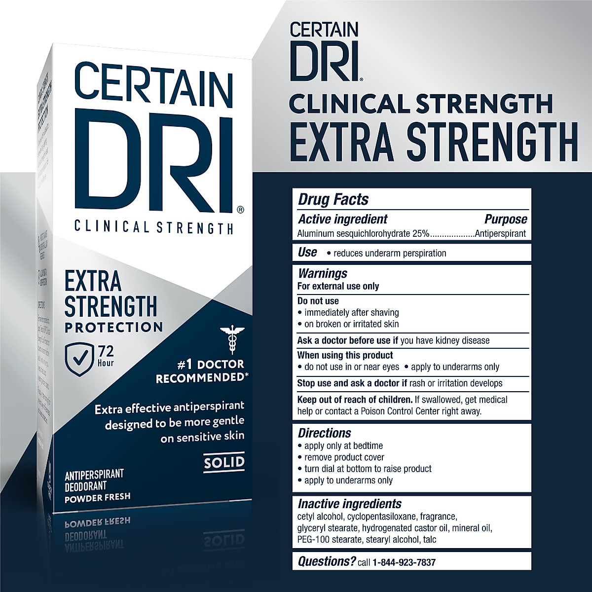Certain Dri Extra Strength Clinical Antiperspirant Solid Deodorant, Hyperhidrosis Treatment for Men & Women, Long-Lasting 72hr Protection, Effective Sweat Control, Powder Fresh Scent, 1.7oz, 3 Pack