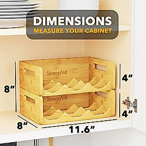 SpaceAid Bamboo Water Bottle Organizer with Labels, Kitchen Pantry Water Bottle Storage Rack for Cabinets, Home Cup and Wine Bottle Holder Shelf Organizers, 2 Pack 3-Slot, Hold 6 Bottles