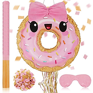 Zhanmai Pink Donut Pinata with String, Bat and Blindfold Multicolor Colorful Pinata for Reveal Shower Donut Grow up Theme Donut Party Birthday Anniversary Party Donut Baby Shower Decorations