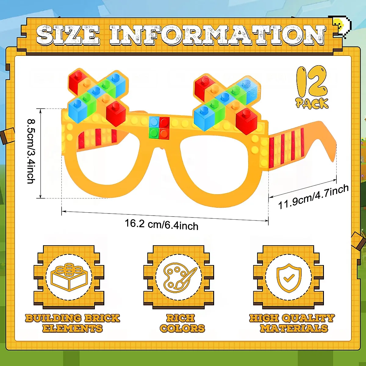 Fiada 12 Pcs Building Bricks Party Favors Paper Glasses Building Block Glasses Frames Photo Booth Props for Kids Toddlers Theme Party Supplies Favors