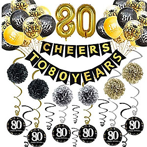 Trgowaul 80th Birthday Party Decorations Kit- Gold Glittery Cheers to 80 Years Banner, Pom Poms, 6Pcs Sparkling 80 Hanging Swirl, 1 Gold Number Balloon, 15 Confetti Balloons for 80 Birthday Decoration