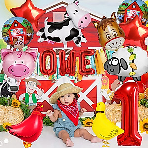 14 PCS Farm Animal Balloons Cow Sheep Duck Rooster Pig Donkey Balloons Barnyard Balloon Supplies with Large Number 1 Foil Balloon for Farm Animal Theme 1st Birthday Party Decor Supplies