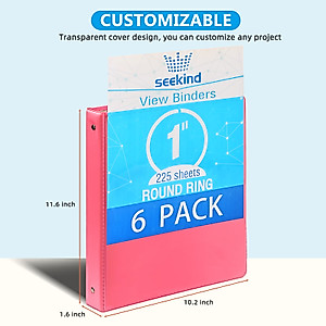 1 Inch 3 Ring Binders,SEEKIND View Binders,Holds Up to 8.5"11" Paper,Customizable Clear Cover,for Home,Office, and School Supply,6 Pack
