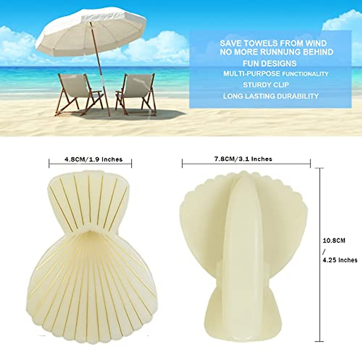 Kirmoo 4 Pieces Sea Shell Beach Towel Clips for Beach Pool Chairs Blankets Cruise Jumbo Size Portable Towel Holders Beach Accessories Clothes Pins Pegs for Clothes Quilt Blanket (Sea Shell)