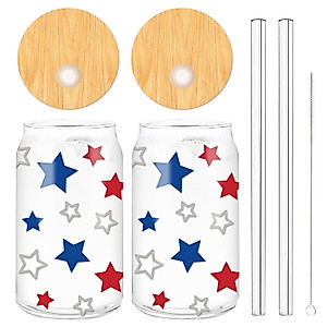 Whaline Patriotic Drinking Glasses with Bamboo Lids and Straw 4th of July Beer Can Glasses 16oz Red Blue White Star Iced Coffee Cups for Independence Day Travel Office Home Gifts, 2Pcs
