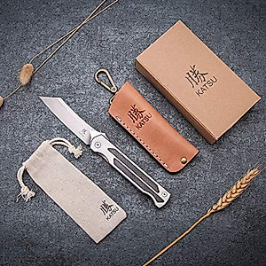 KATSU Camping Pocket Folding Japanese Knife, Titanium & Carbon Fiber Handle, Frame Lock, Stonewashed Cleaver Razor Blade, Leather Sheath