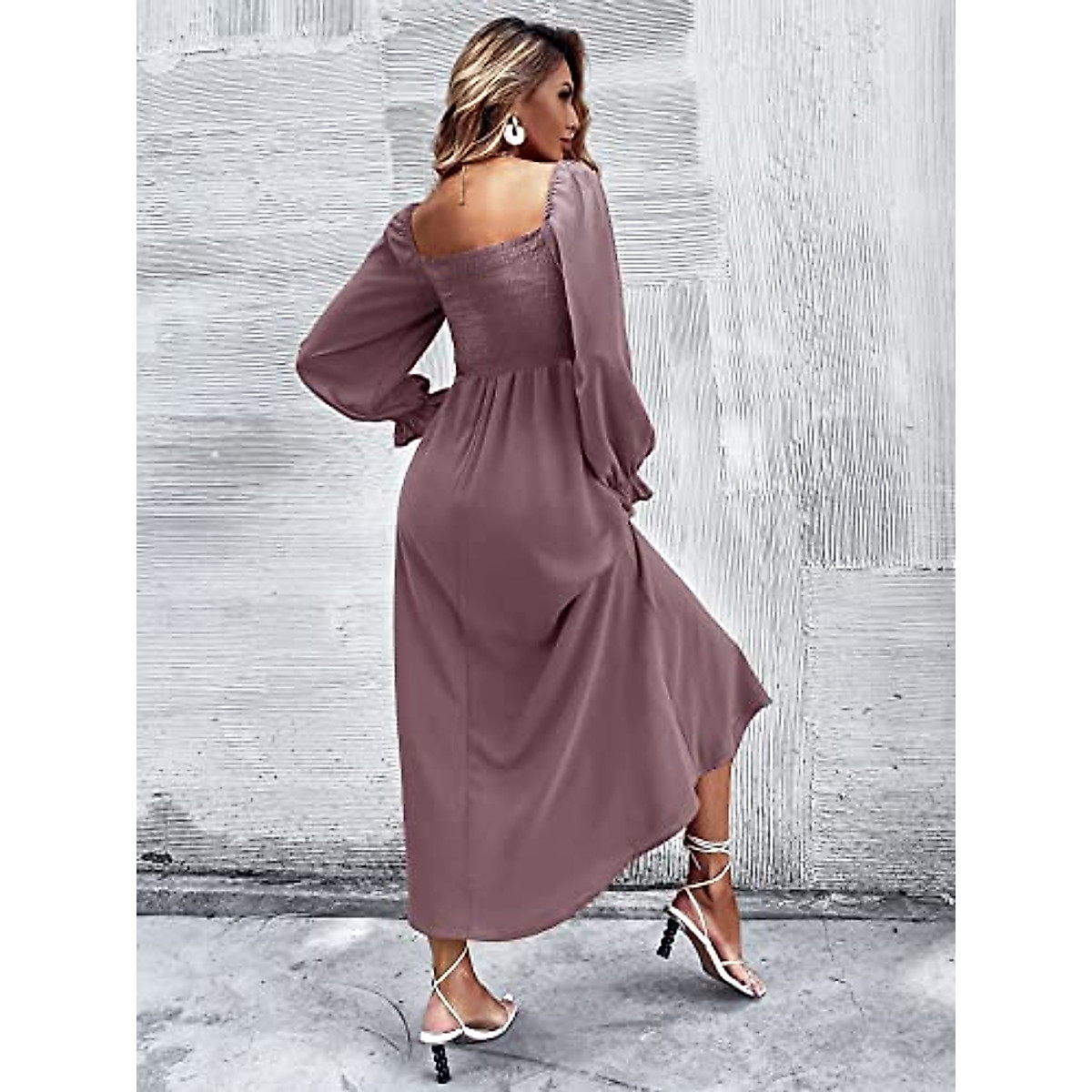 Floerns Women's Boho Floral Print Square Neck Flounce Sleeve A Line Long Dress Mauve Purple S