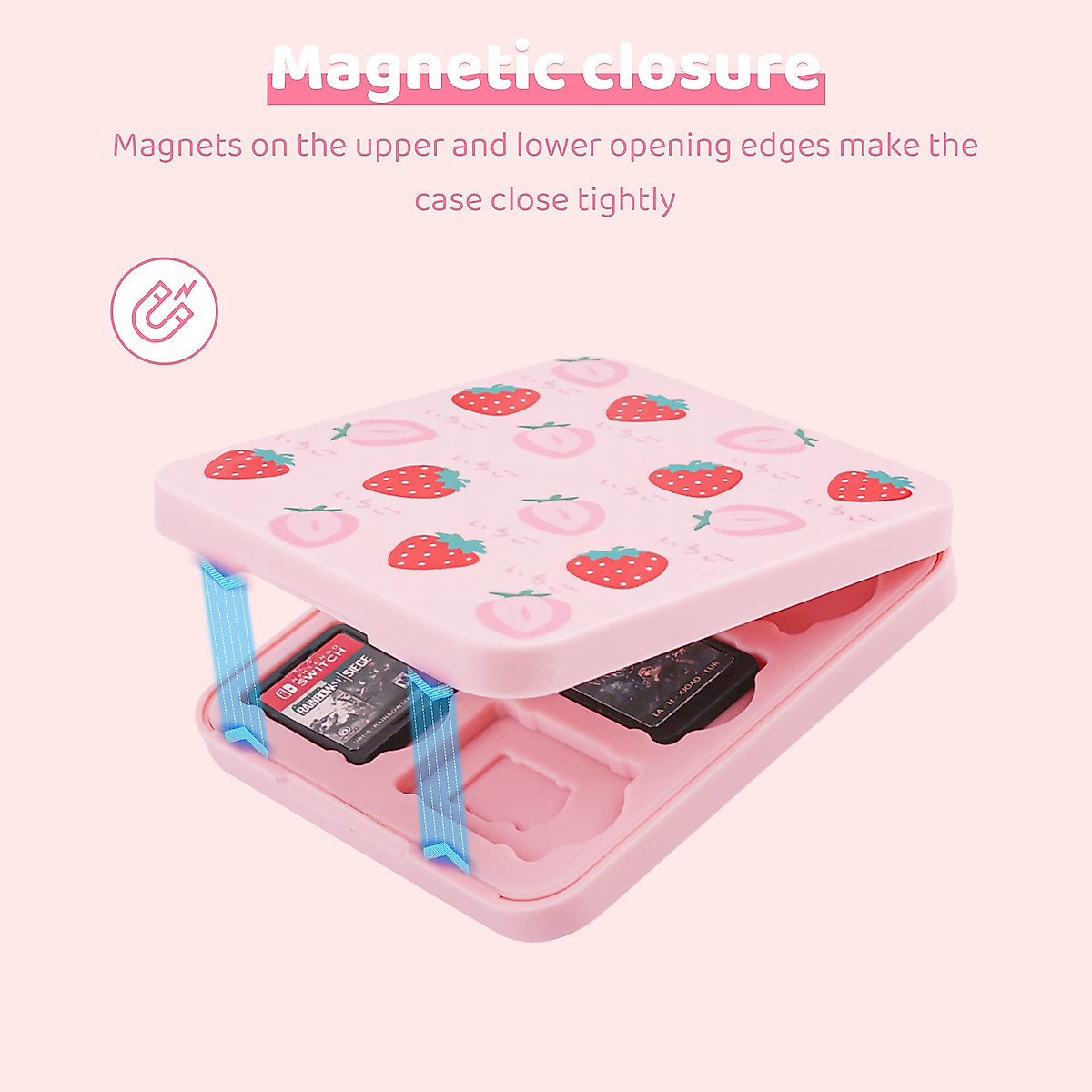 FUNDIARY Pink Strawberry Card Case for Nintendo Switch and Switch OLED Games, Cute Magnetic Card Cartridge for 12 Game Card and 12 SD Card, Hard Storage Case with 12 Game Card Slots