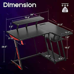 MOTPK Gaming Desk L Shaped, Small Corner Desk with Storage Shelf & Power Outlets, Computer Desk with Monitor Shelf, L Shaped Desk with Carbon Fiber Surface, Gamer Desk Gaming Table, Black, 39 Inch