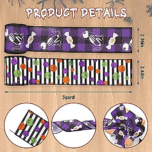 Threetols 2 Rolls 10 Yards Halloween Wired Edge Ribbon, 2.5inch Black Purple Buffalo Plaid Ribbon, Candy Skull Black White Stripe Glitter Dot Ribbon for Halloween Party DIY Craft Wreath Decor