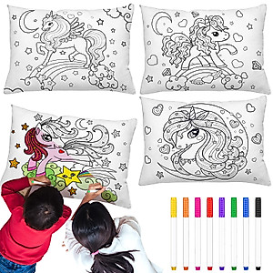 Kinlop 36 Pcs Unicorn Pillowcase for Kids Set Sleepover Party Game Coloring Pillow Case Unicorn Sleepover Party Supplies for Girls 4 Unicorn Pillow Case 32 Pcs Colorful Marker Washable, 20 x 27.56''