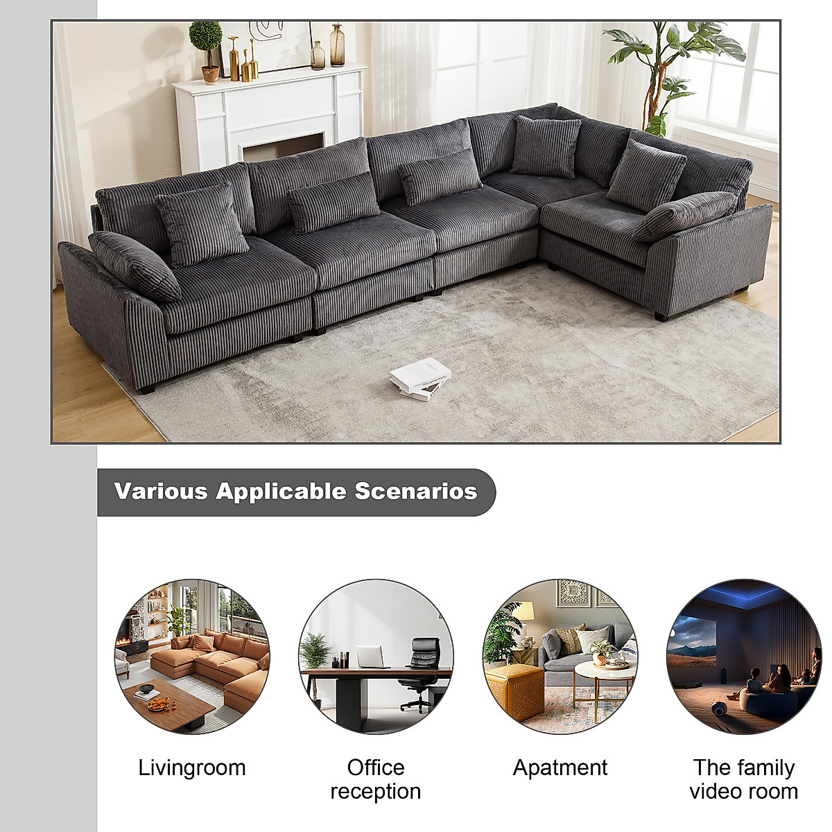 ATUMON 112" Oversized Corduroy Modular Sectional Sofa,L-Shaped Corner Couch with Detachable Cushion and 5 Throw Pillow,Deep Seat Comfy Upholstered Sofa (Dark Grey, 112" 5 Seater)