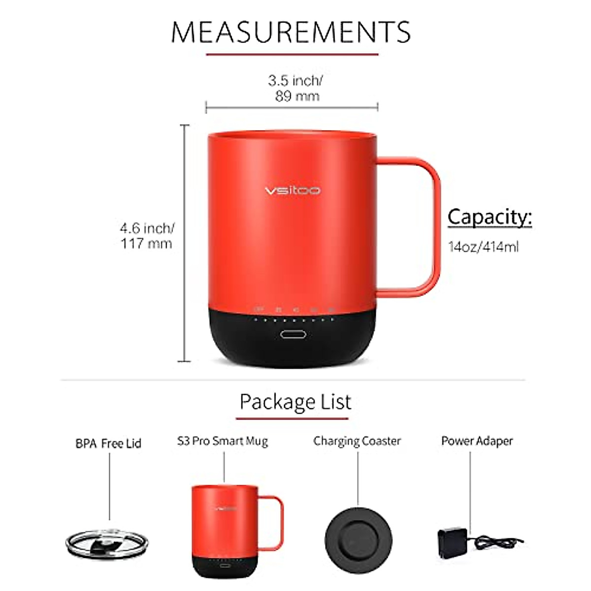 VSITOO Temperature Control Smart Mug with Lid, Coffee Mug Warmer with Mug for Desk Home Office, App Controlled Heated Coffee Cup, Self Heating Coffee Mug 14 oz, Electric Mug - Improved Design (Red)