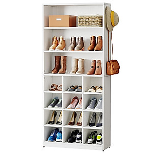 Tribesigns Shoe Cabinet, 24 Pair Freestanding Shoe Rack Storage Organizer with Side Hooks, Modern Shoe Storage Cabinet with Shelves for Hallway Bedroom Closet Entryway, 1PC