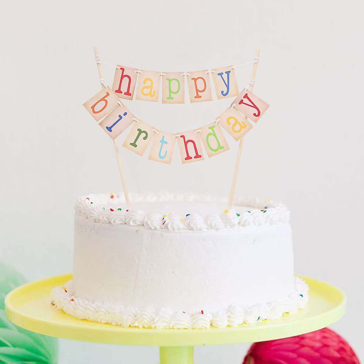 WAWOO Rainbow Happy Birthday Cake Topper - Personalized Birthday Banner, Rainbow 1st Birthday Decorations,Photo Prop, Baby Shower, Best Birthday Party Supplies