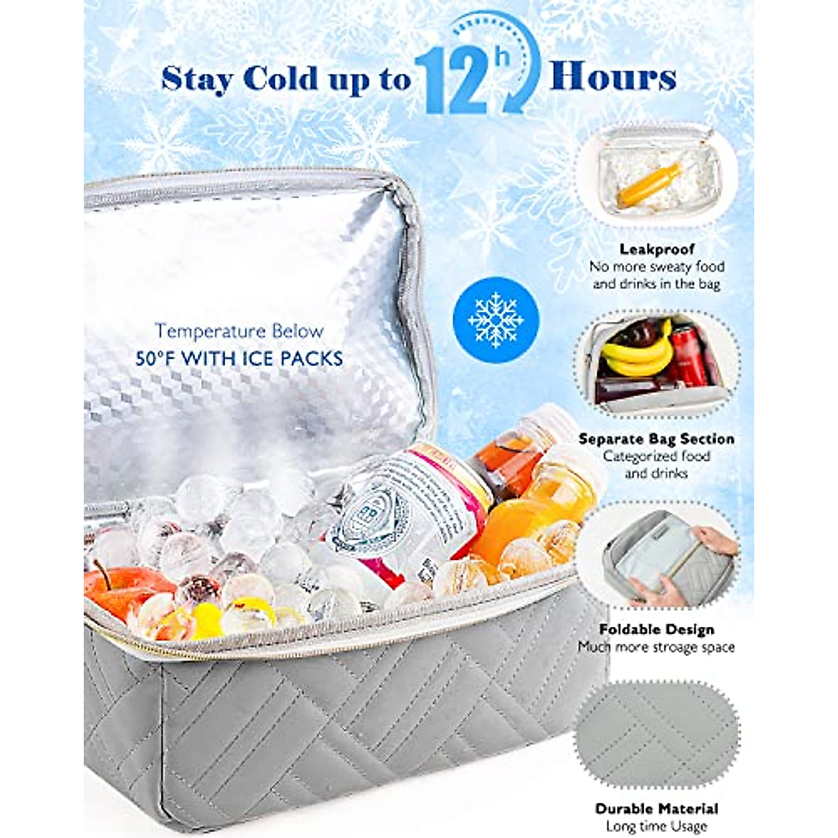 GLORIEROO Lunch Bag Women Men, Large Insulated Lunch Box Tote Cooler - Stylish Vegan Leather 2 Tier Lunch Bag with Adjustable Shoulder Strap for Adults Travel Work, Blue Grey