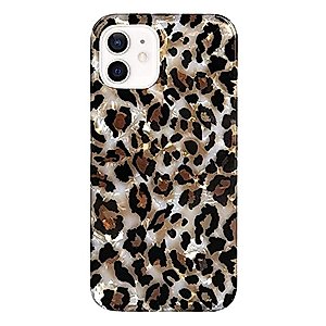 J.west Case Compatible with iPhone 12/12 Pro 6.1-inch, Luxury Sparkle Translucent Clear Leopard Cheetah Print Pearly Design Soft Silicone Slim TPU Protective Phone Case Cover for Girls Women (Bling)