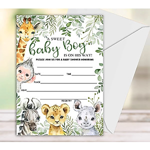 Geuro Baby Shower Invitations, Jungle Animals Fill In Invites Cards wih Envelopes, A Little wild one, Wooden, Set of 25.