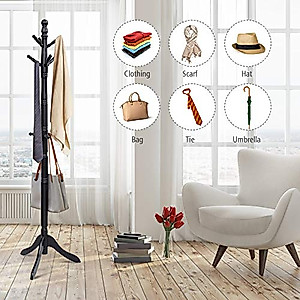 Tangkula Wood Coat Rack Freestanding, Entryway Height Adjustable Coat Stand with 9 Hooks & Stable Tri-Legged Base, Rubber Wood Coat Tree Hall Tree Coat Hanger Stand for Home Office Hall Entryway