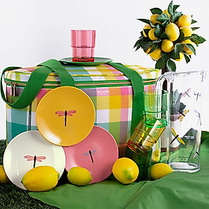 Kate Spade New York Nesting Pitcher Set with Water Pitcher and 4 Reusable Cups, 57oz Plastic Pitcher with Lid, 8oz Tumbler Cups, Dragonfly Flight
