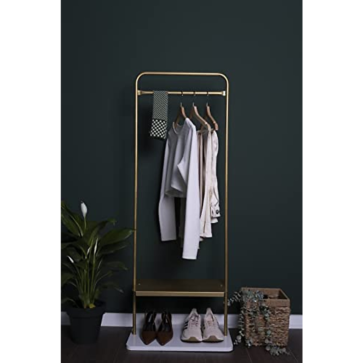 VEGAINDOOR Heavy-Duty Sturdy Clothes Rack with Wood & Metal Shelf , Freestanding Clothing Rack , Single Rod Garment Rack , Easy to Assemble Portable Clothes Rail , Storage Solution for Small Spaces