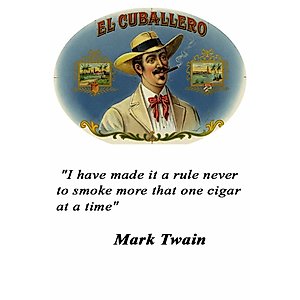 El Cuballero Cigar Label smiling cigar-smoking Cuban gentleman dressed in a white suit and wearing a Panama hat On either side of him are smaller gold-framed vignettes featuring scenes of Cuba I hav