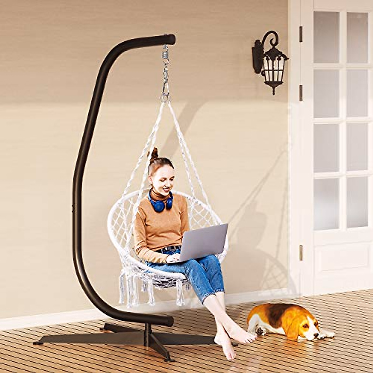 Greenstell Hammock Chair, Macrame Swing with Cushion and 304 Stainless Steel Hanging Kits, Max 330Lbs Hanging Cotton Rope Swing Chair, for Indoor, Outdoor, Home, Patio, Yard (Beige)