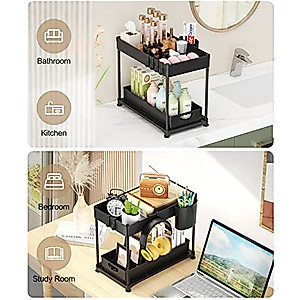 MERRYBOX 2 Pack Under Sink Organizers and Storage, Sliding Under Bathroom Cabinet Organizer, 2 Tier Kitchen Under Sink Organizer Pull Out Drawer with 8 Hooks, 2 Hanging Cups, 8 Non-Slip Feet, Black